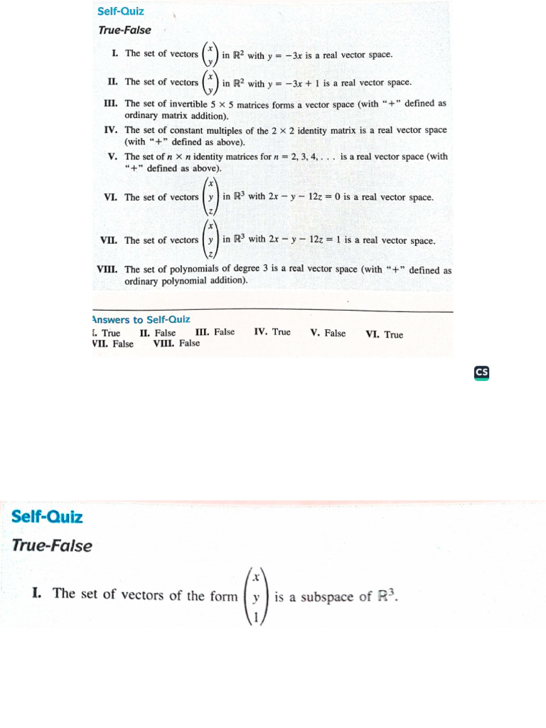 Vector Spaces Quizes & A | PDF