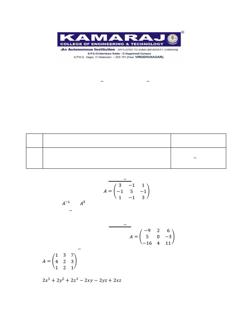 Tutorial problems-unit I(Matrices) | PDF Tutorial problems-unit I(Matrices) | PDF
