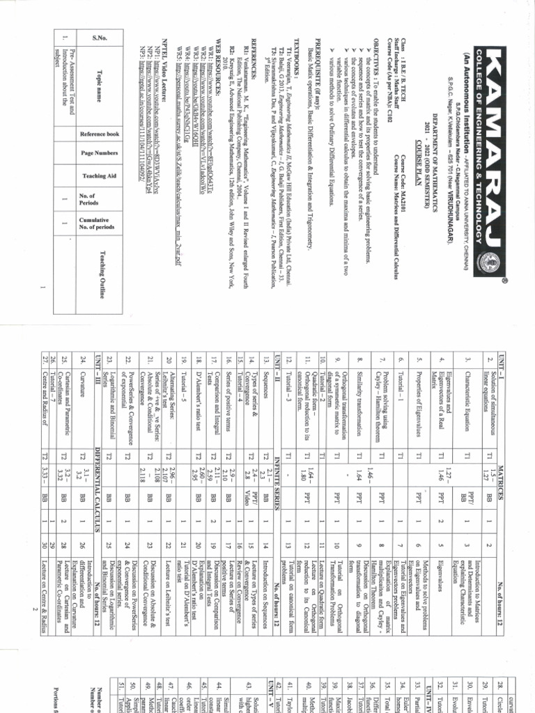 Course Plan MA2101 - MDC | PDF
