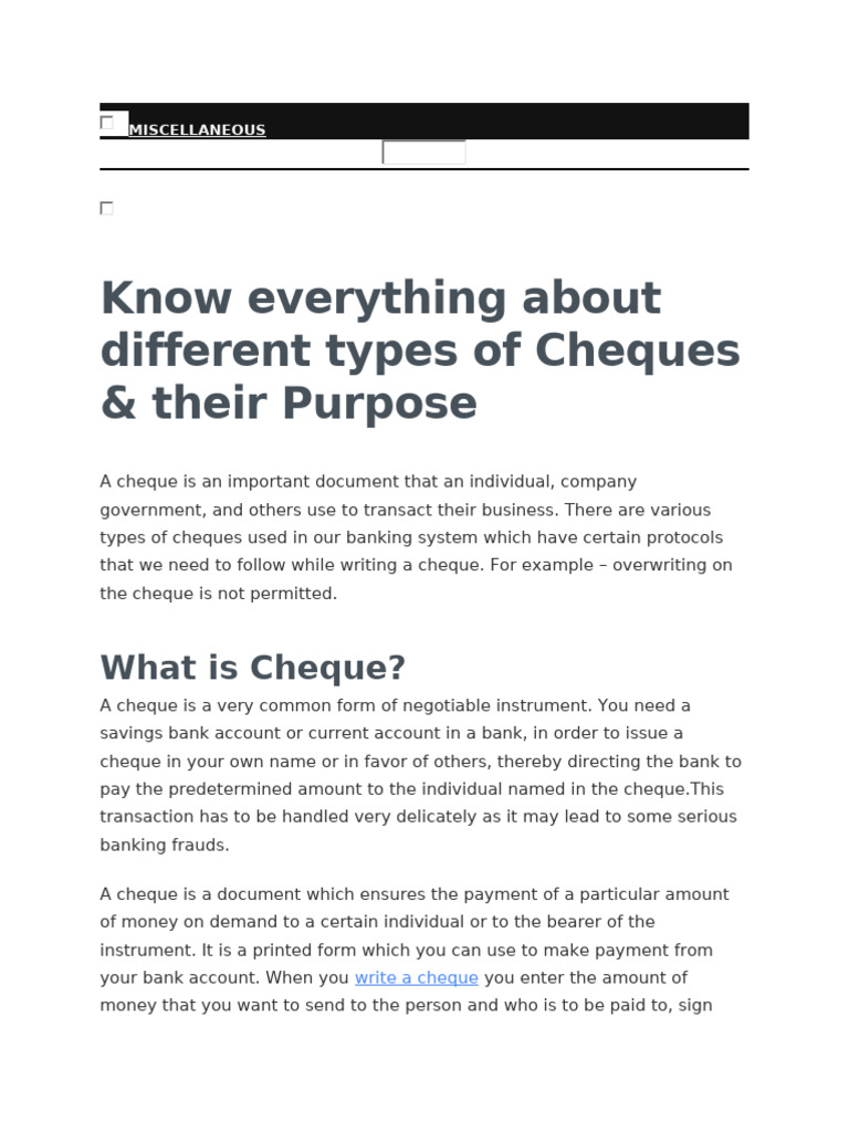 Types and Purposes of Cheques Explained | PDF | Cheque | Insurance