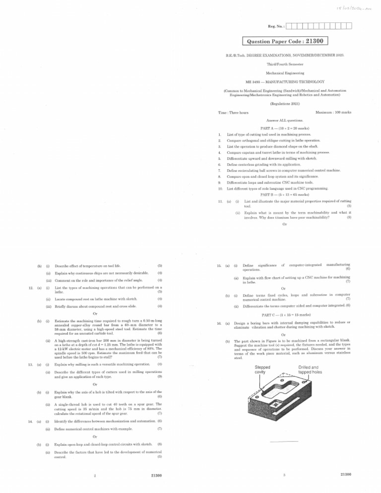 ME3493 - Manufacturing Technology_R2021 - 2023 Nov | PDF