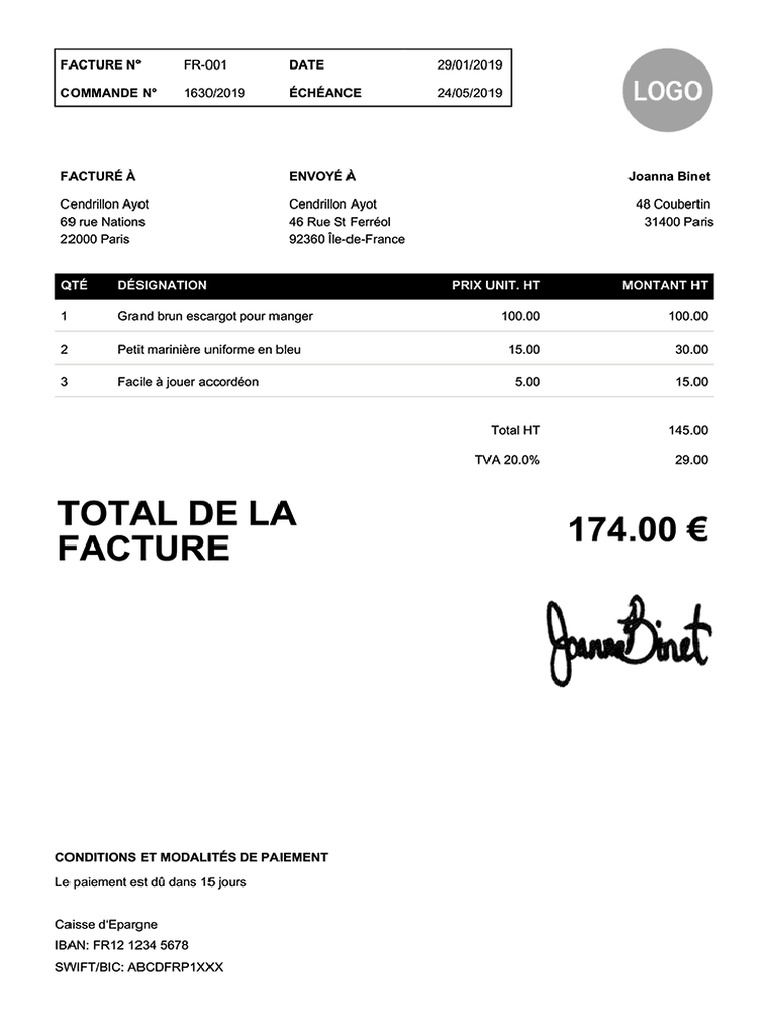 Modele Facture FR Simple Noir 750px | PDF