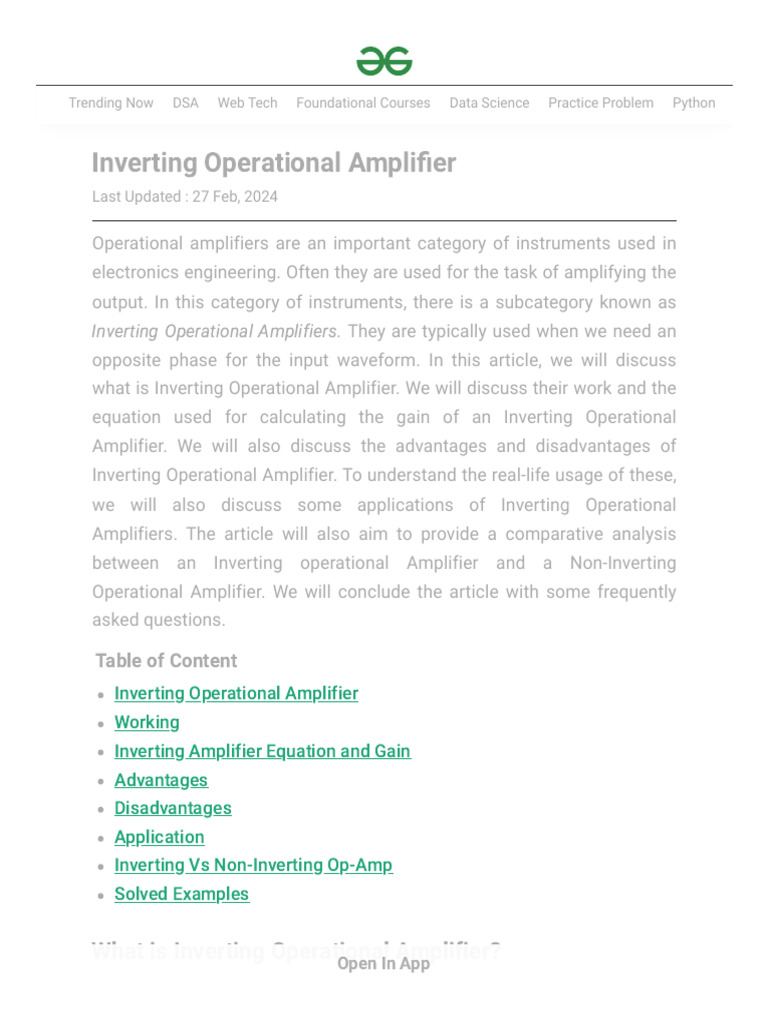 Inverting Operational Amplifier - Working, Equations and Examples | PDF ...