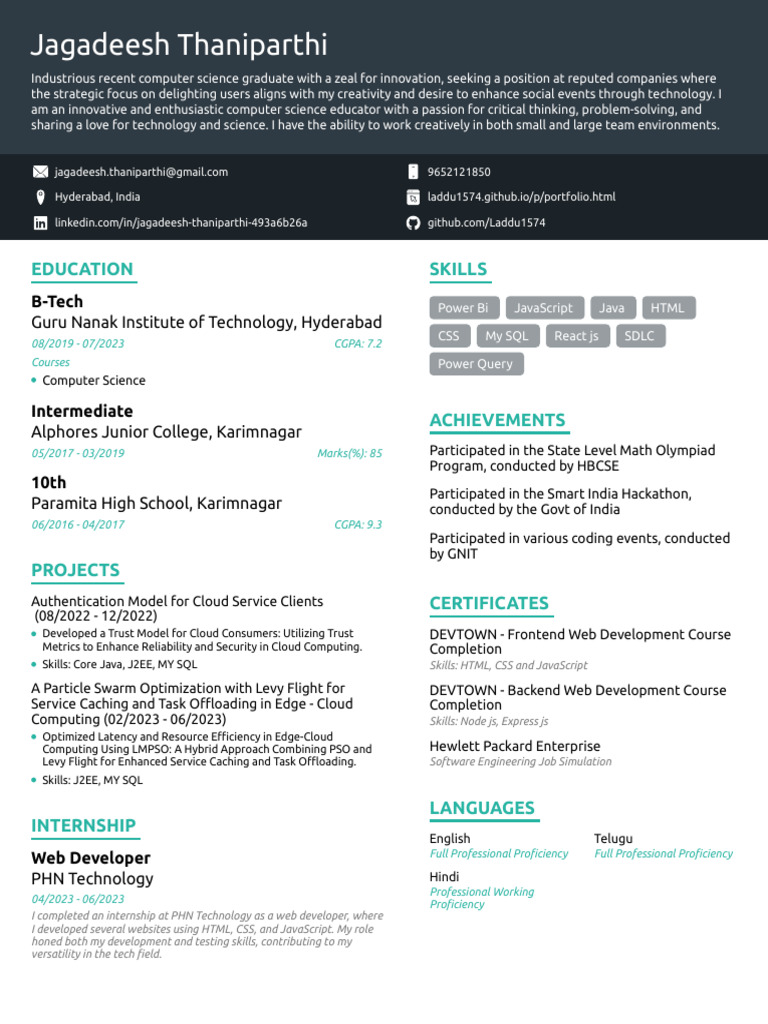 Jagadeesh.cvs | PDF | Web Development | Java Script