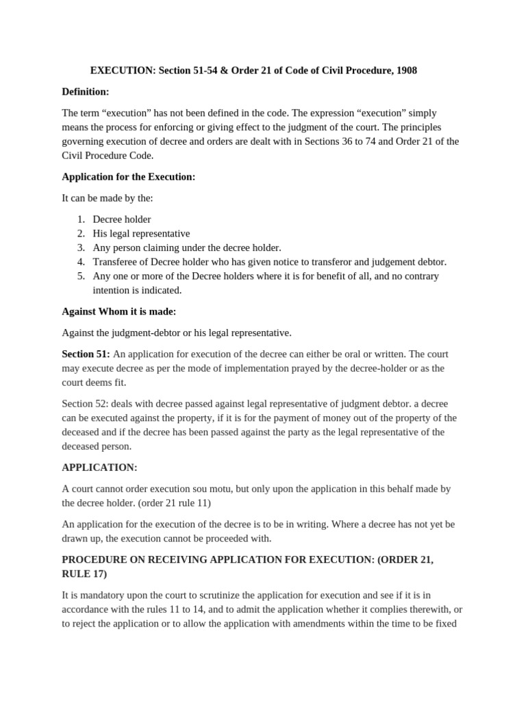 EXECUTION Section 51-54 & Order 21 of Code of Civil Procedur | PDF ...