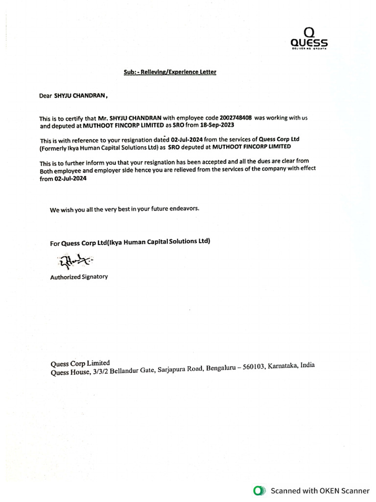 Shyju Relieving Letter | PDF