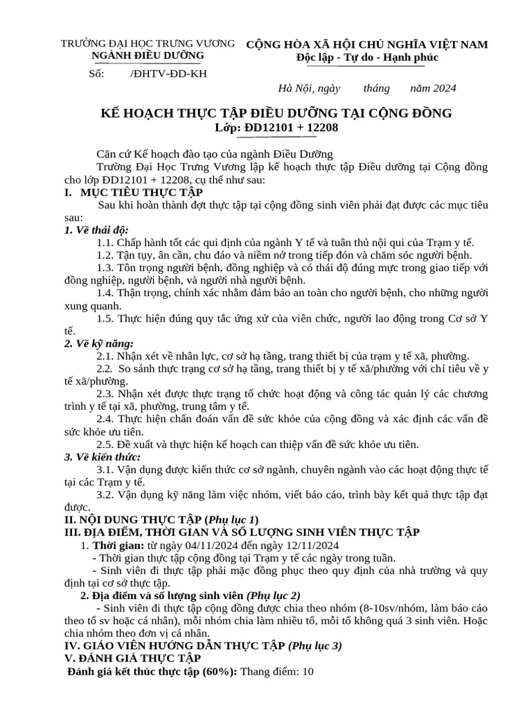 Ke Hoach Thuc Tap Cong Dong 12101+12208 | PDF