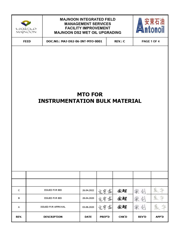 Maj Ds2 06 Int Mto 0001 C Mto For Instrumentation Bulk Material Pdf