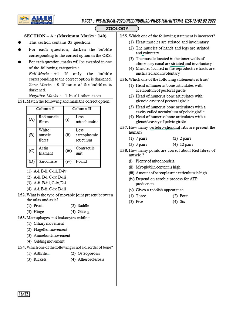 Locomotion and Movement Test Paper | PDF | Vertebra | Muscle Contraction