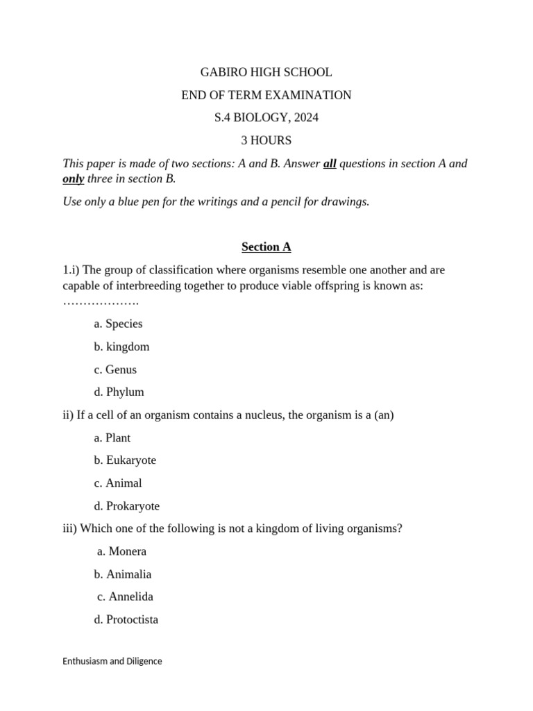 S.4 Biology Exam Paper 2024 | PDF | Tissue (Biology) | Epithelium
