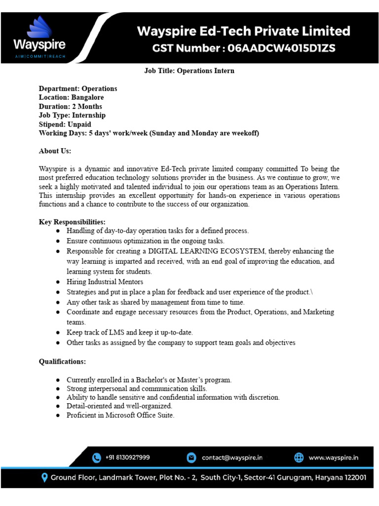 Unpaid Internship JD For Operations Intern | PDF