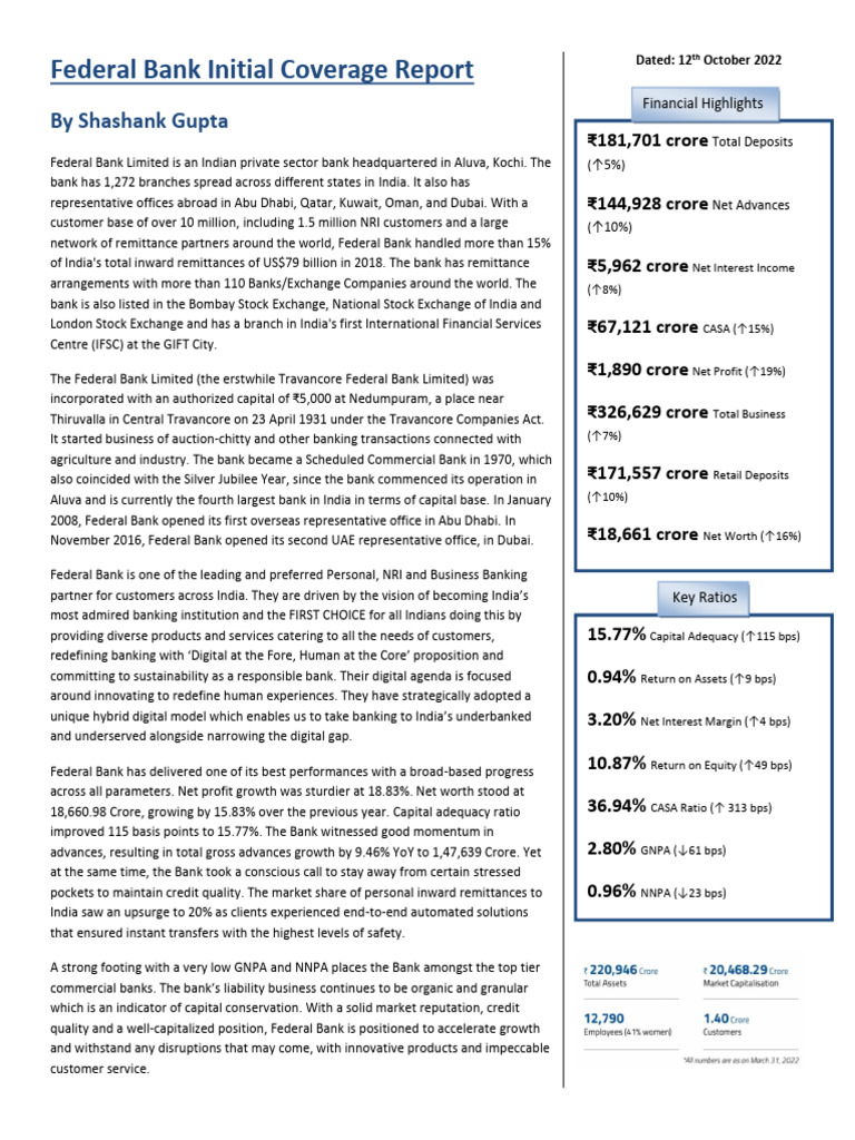 6th Week (Federal Bank Initial Coverage Report)_ | PDF | Banks | Payments