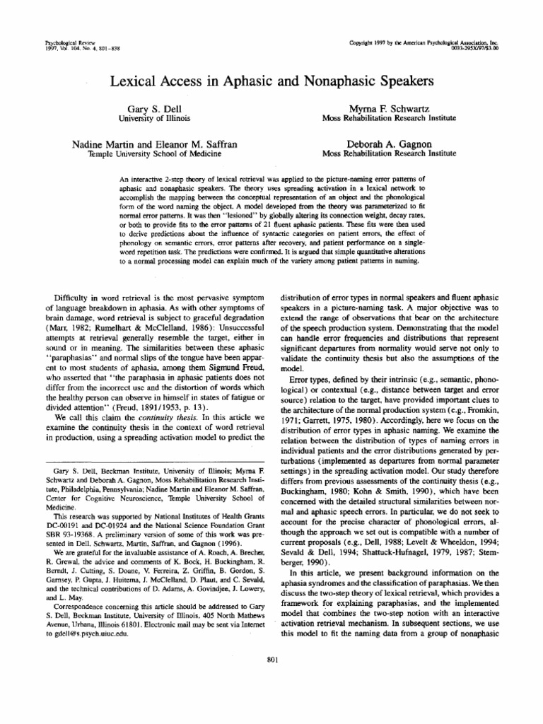 Lexical Access in Aphasic and Nonaphasic Speakers: Deborah A. Gagnon ...