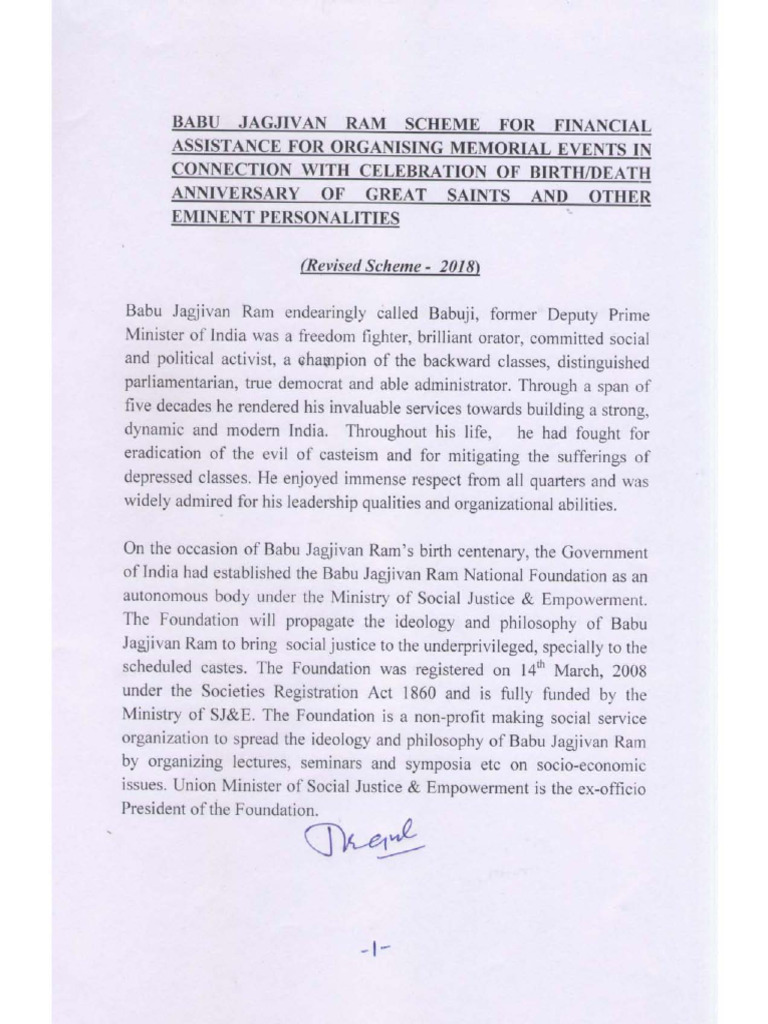 Babu Jagjivan Ram Scheme For Celebration of Birth-Death Anniversary of ...