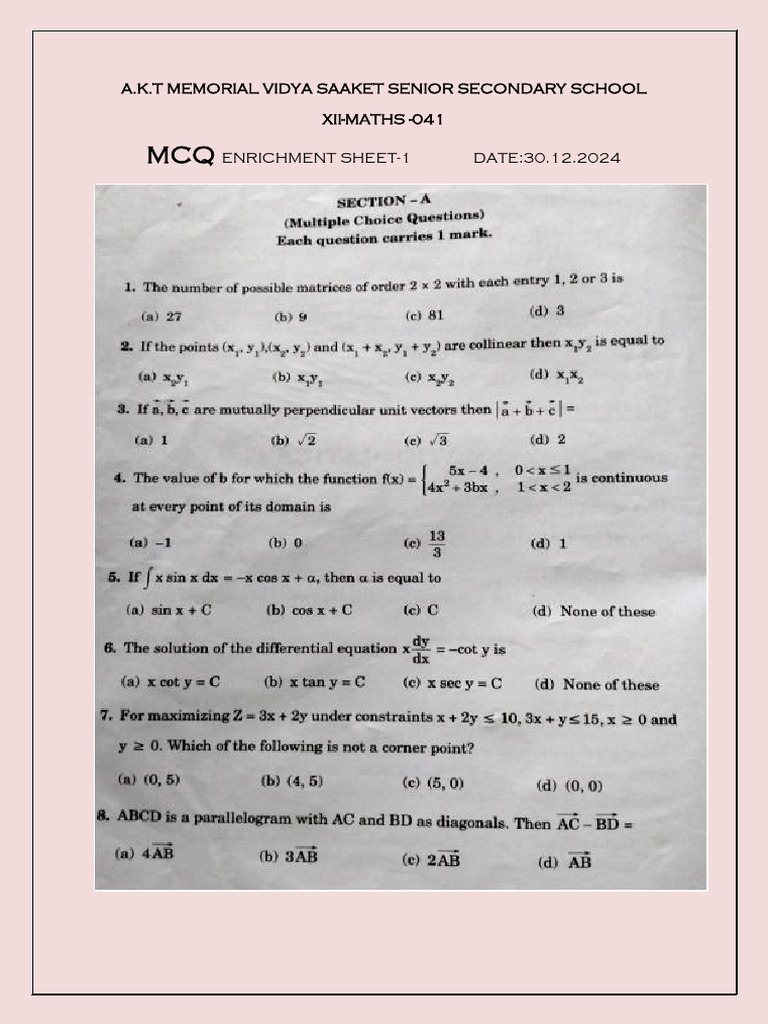 Math MCQ Enrichment Sheet-1 | PDF