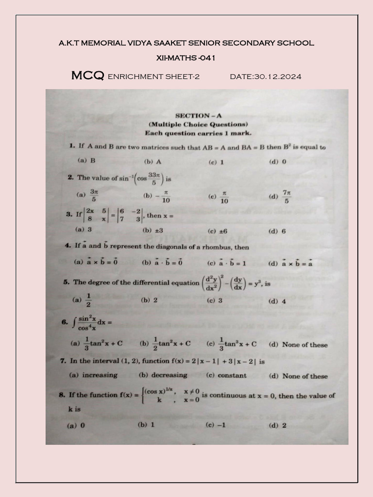 Math MCQ Enrichment Sheet-2 | PDF