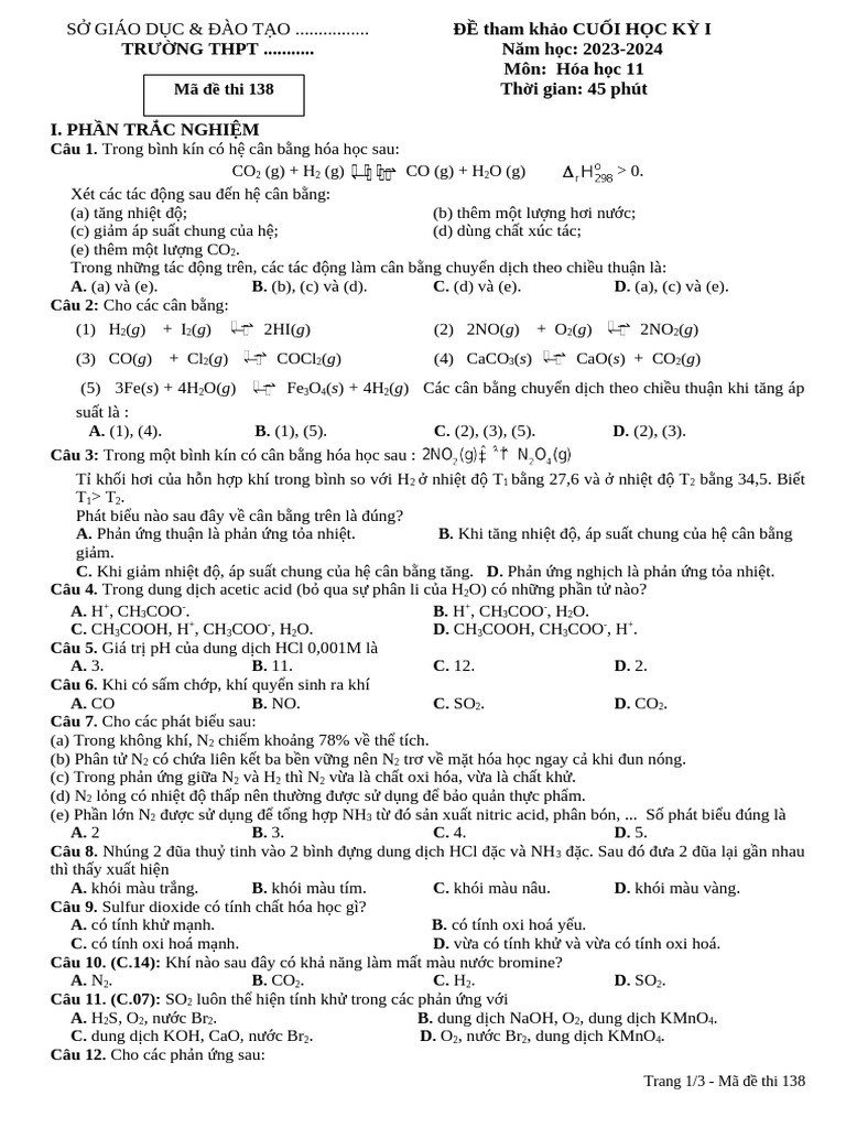 23 - 24. Đề Luyện Hóa 11 - HKI - 001 LQD | PDF