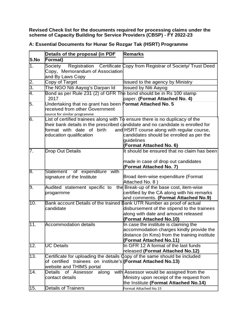 Revised Check List For The Documents Required For Processing Claims ...