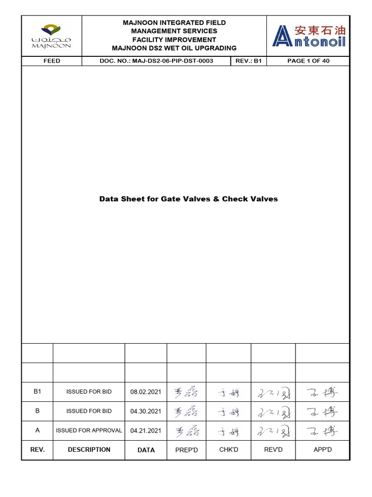 MAJ-DS2-06-PIP-DST-0003 - B1 Data Sheet For Gate Valves & Check Valves | PDF | Valve | Pipe ...