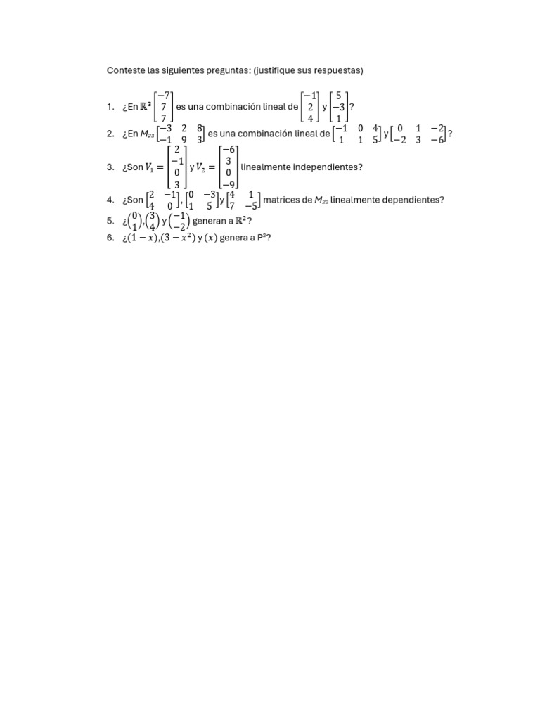 Ejercicios Combinacion Lineal, Independencia Lineal y Conjunto Generador | PDF