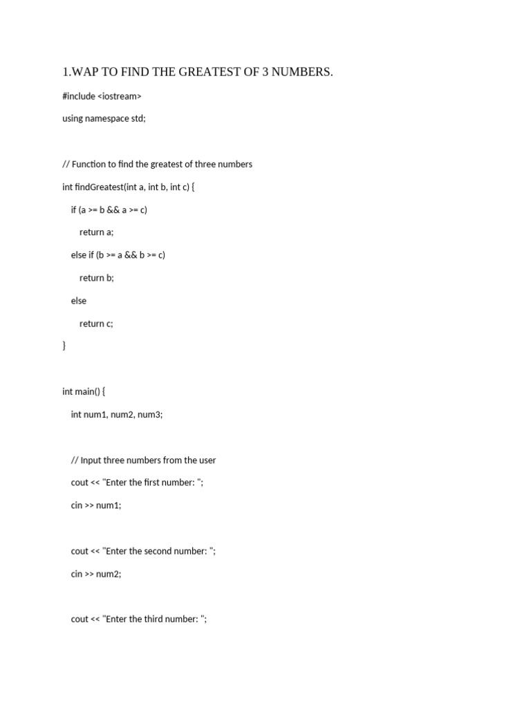 Find Greatest of Three Numbers in C++ | PDF