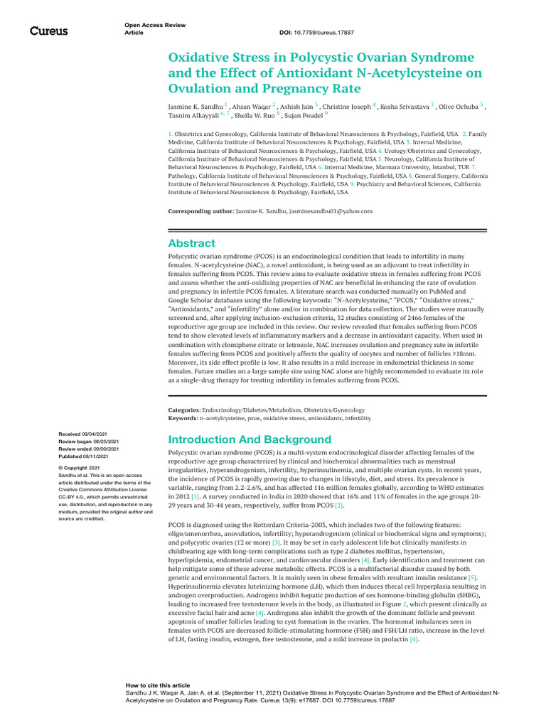 REVIEW Oxidative Stress of NAC on PCO on Ovulation and Pregnenacy | PDF | Polycystic Ovary ...