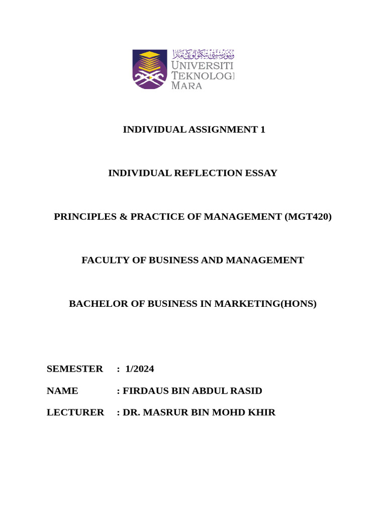 MGT SELF REFLECTION (1) | PDF | Leadership | Goal