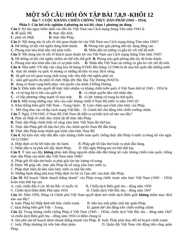 MỘT SỐ CÂU HỎI ÔN TẬP BÀI 789 K12 | PDF