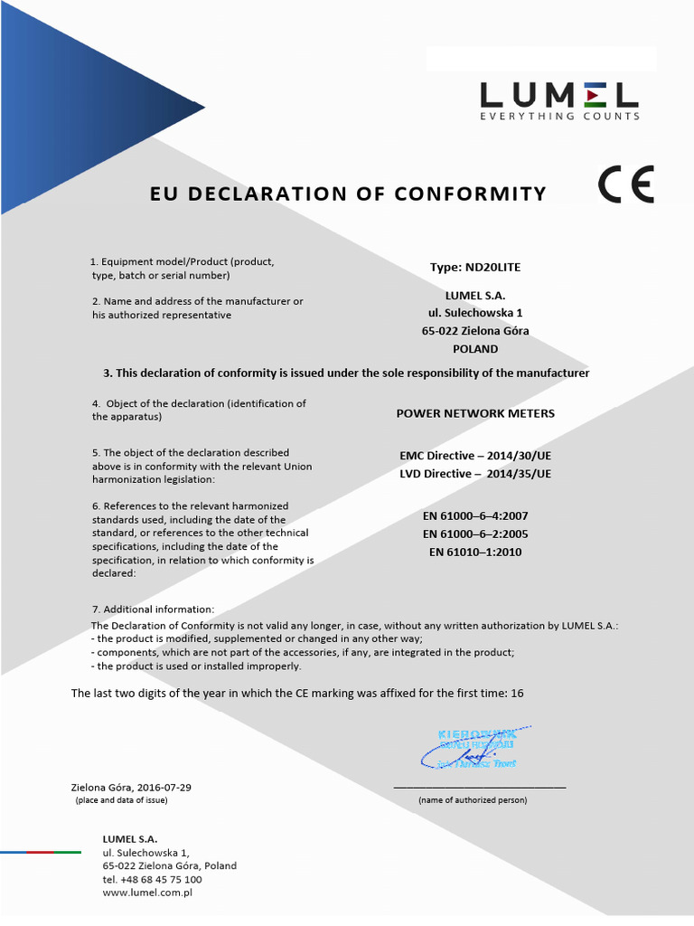 Eu Declaration of Conformity Nd20lite | PDF