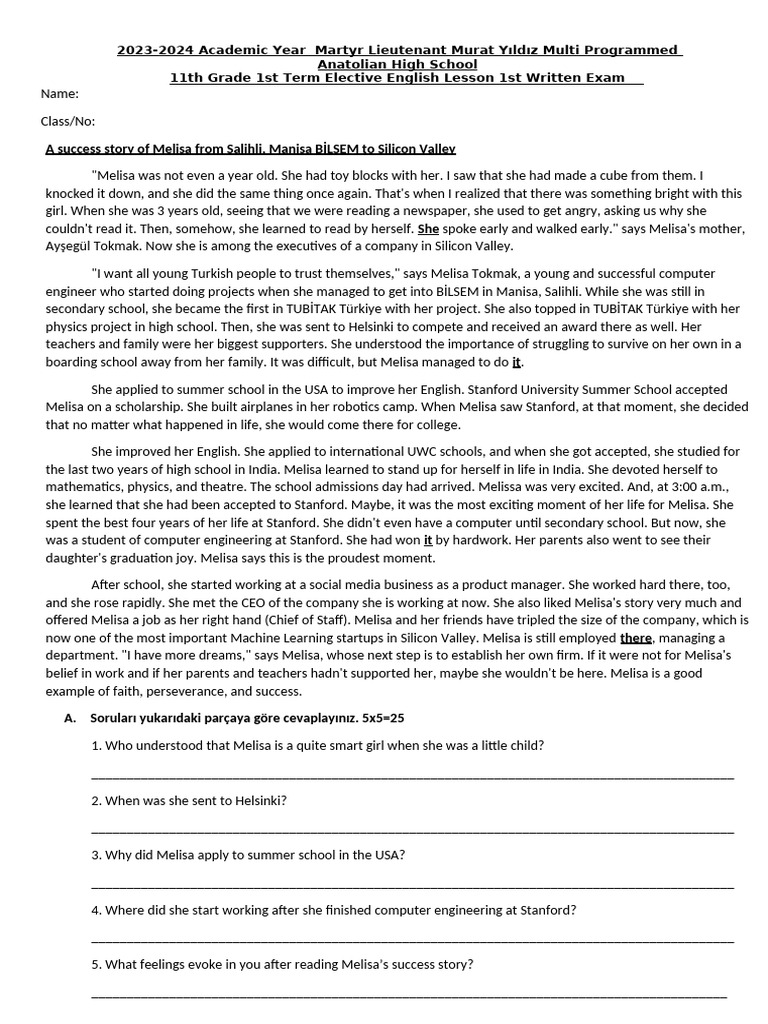 High School English Exam | PDF