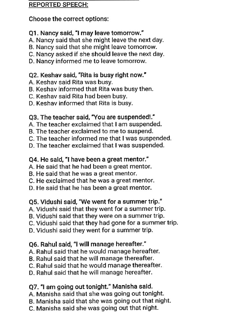 Class 10 - Reported Speech Worksheet | PDF