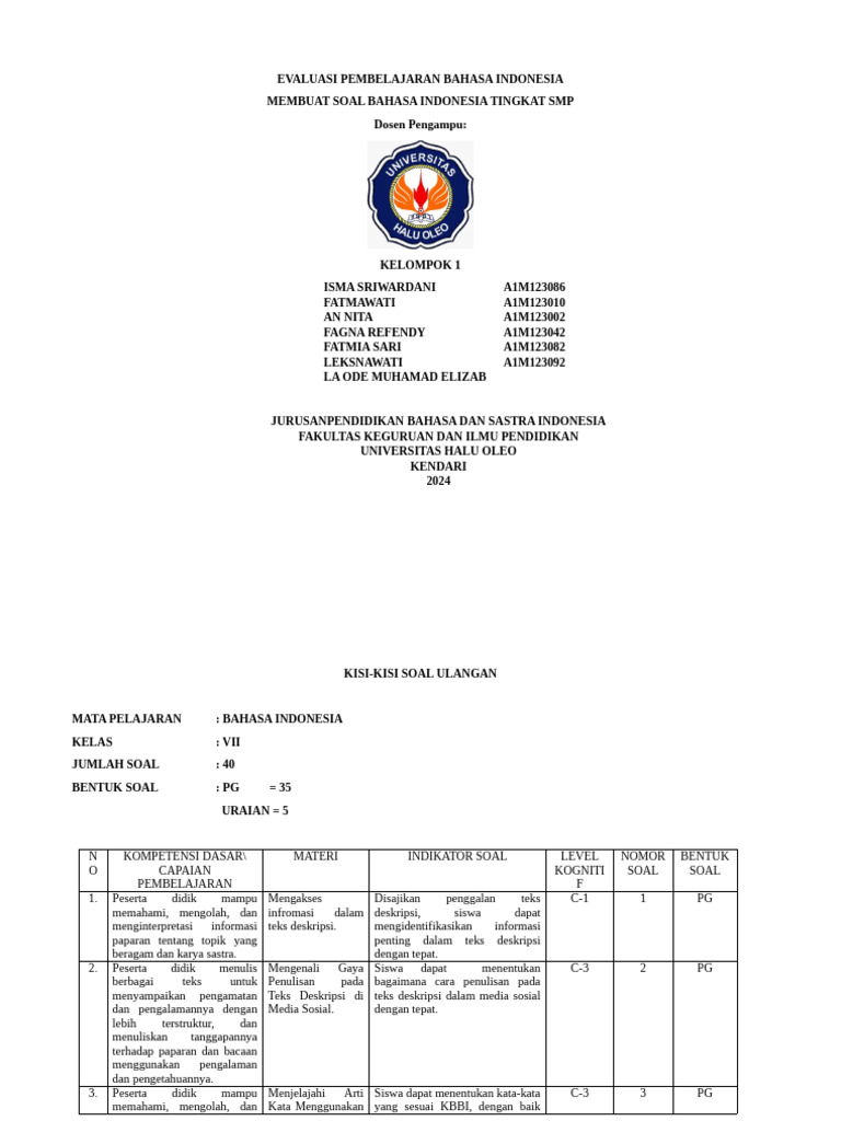 Kel 1. Evaluasi Pembelajaran Soal Bindo SMP | PDF