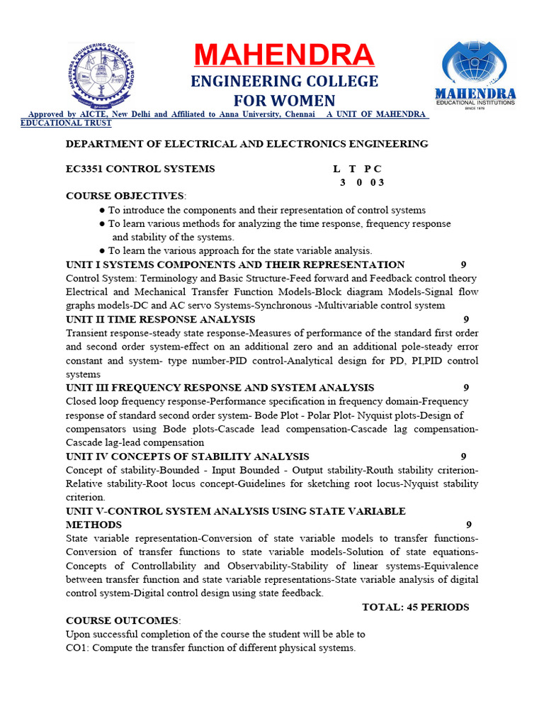 Control Systems Syllabus | PDF | Control Theory | Feedback