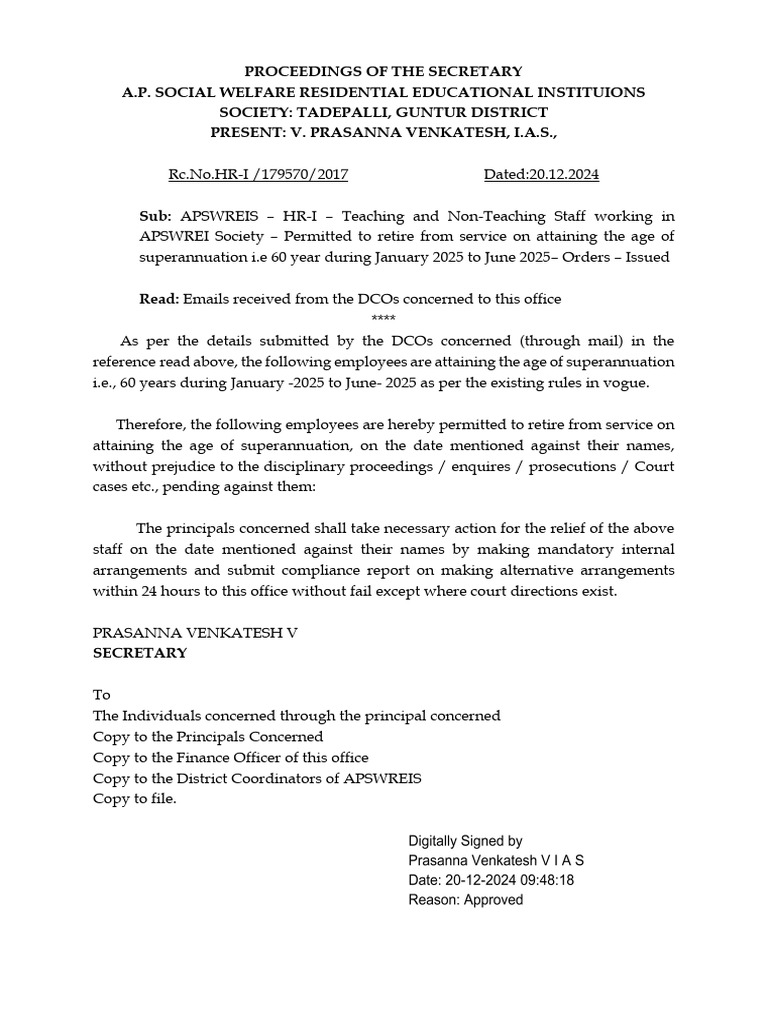 APSWREIS Staff Retirement Orders 2025 | PDF