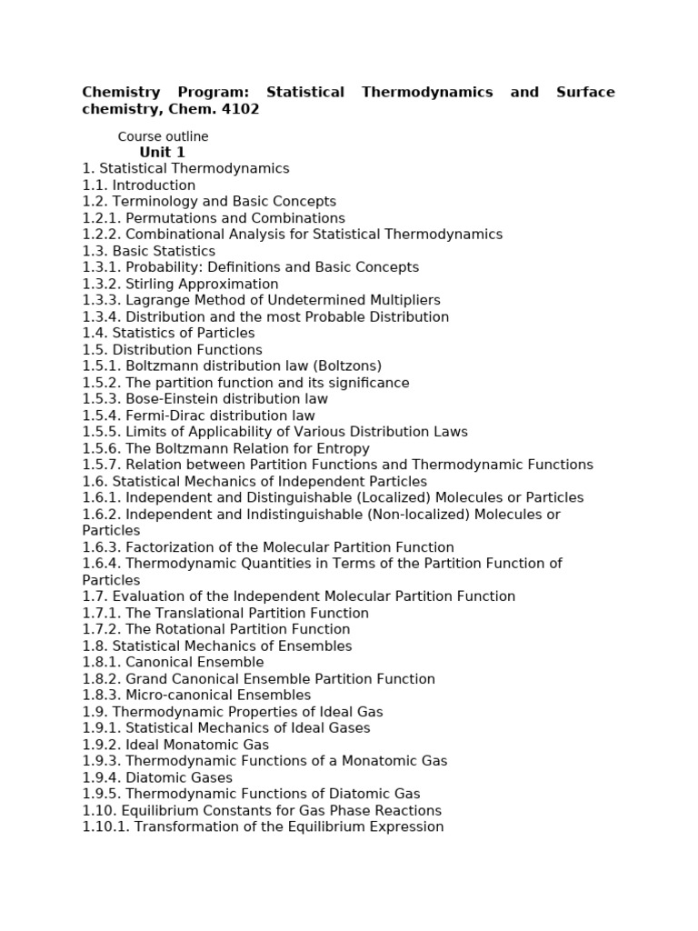 Statistical Thermodynamics Course Outline | PDF | Gases | Statistical Mechanics