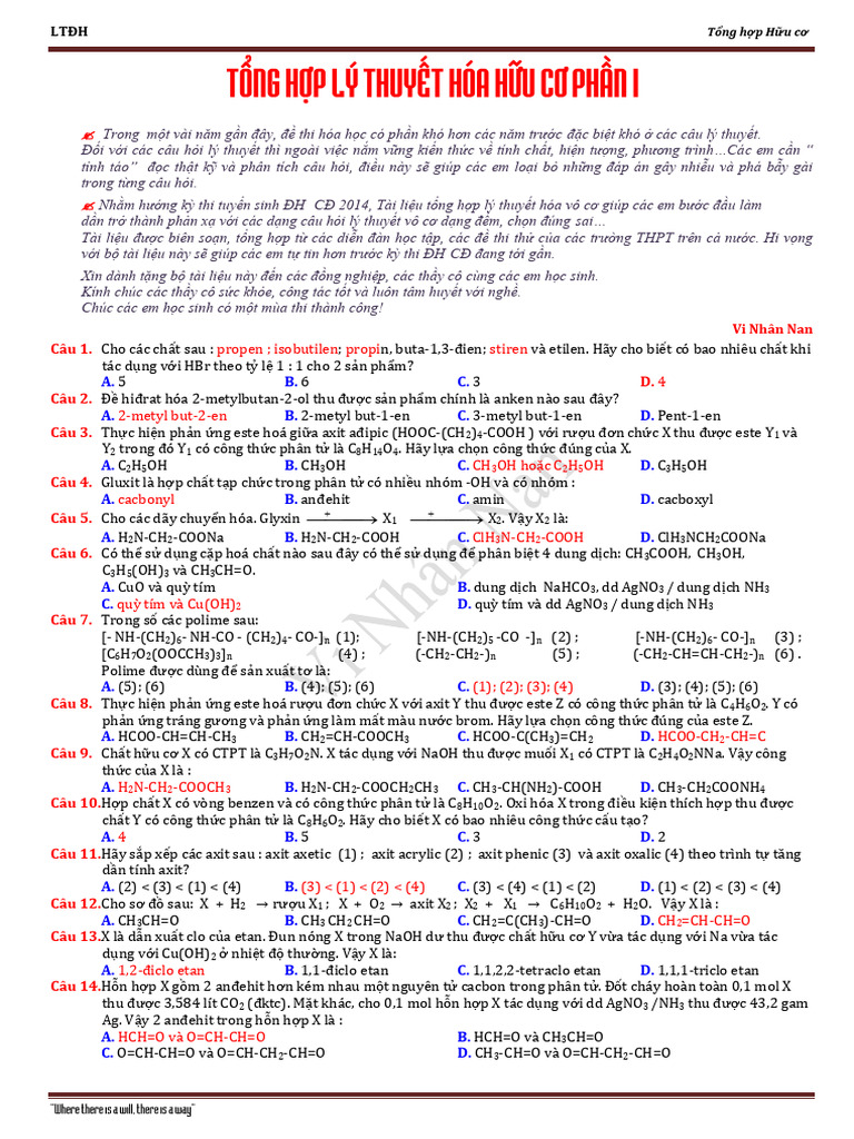 Trac Nghiem Ly Thuyet Hoa Huu Co | PDF