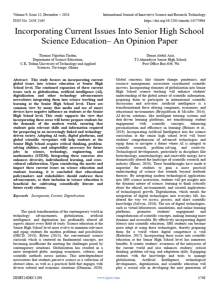 Incorporating Current Issues Into Senior High School Science Education ...