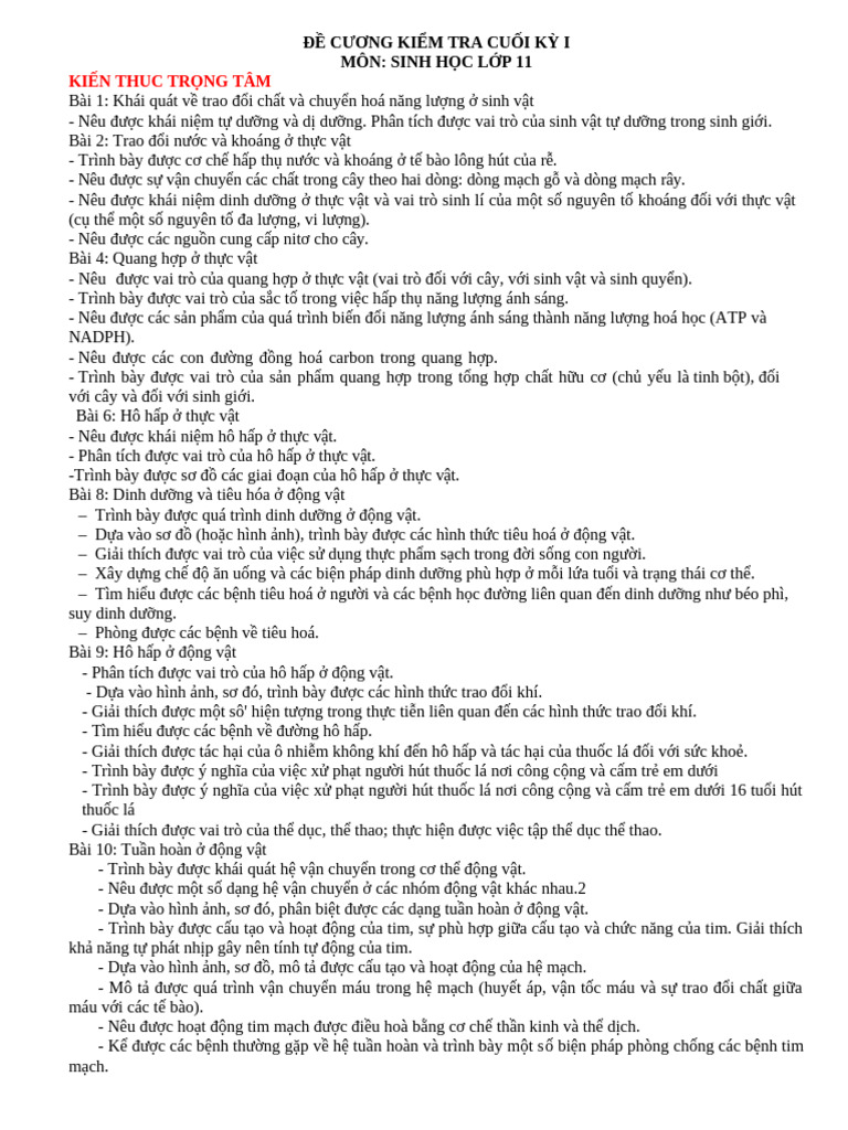 Đe Cuong Sinh 11 Hki 1 | PDF