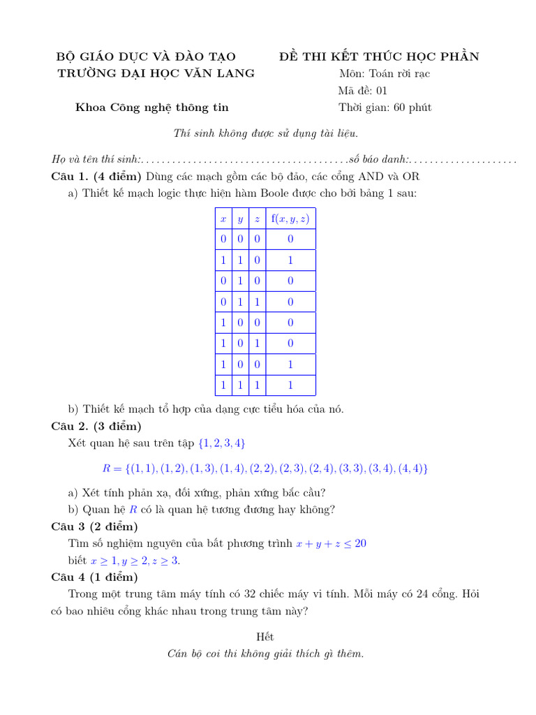 De Thi Cuoi Ky - Toan Roi Rac - 2021 - 1 | PDF