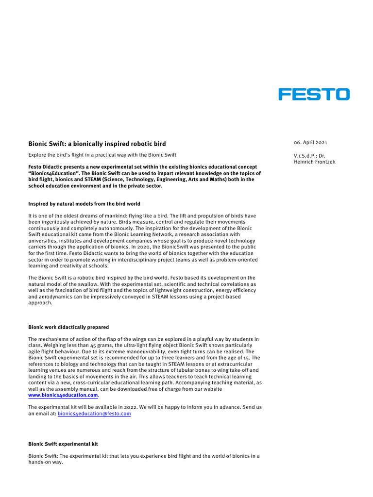 Bionic Swift - A Bionically Inspired Robotic Bird | PDF | Robotics | Flight