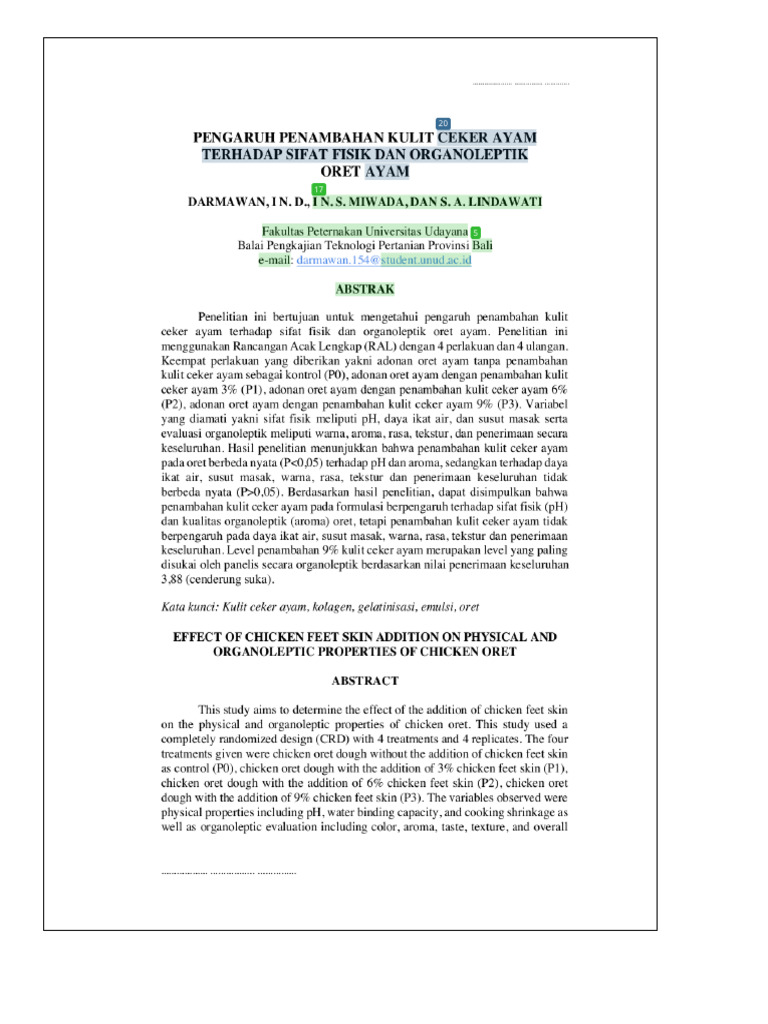 Penambahan Kulit Ceker Ayam Terhadap Sifat Fisik Dan Organoleptik Oret Ayam.docx-2-20 | PDF