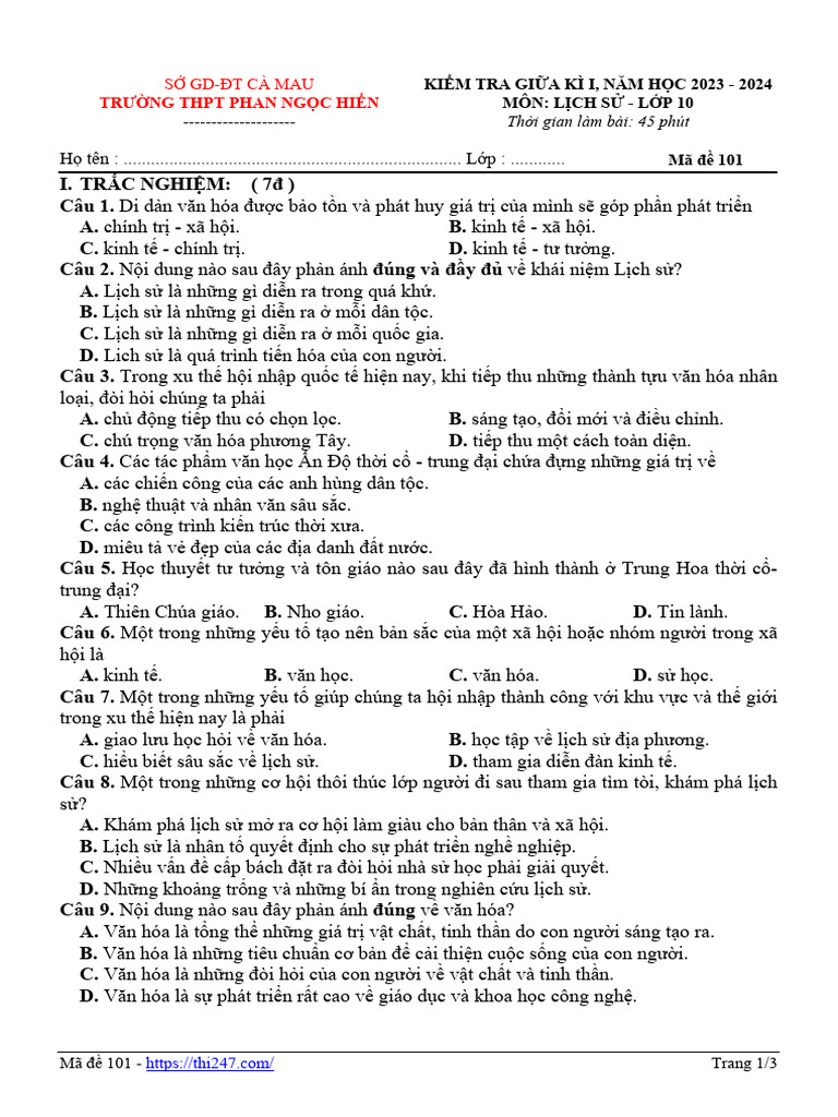 De Giua Ki 1 Lich Su 10 Nam 2023 2024 Truong THPT Phan Ngoc Hien Ca Mau | PDF