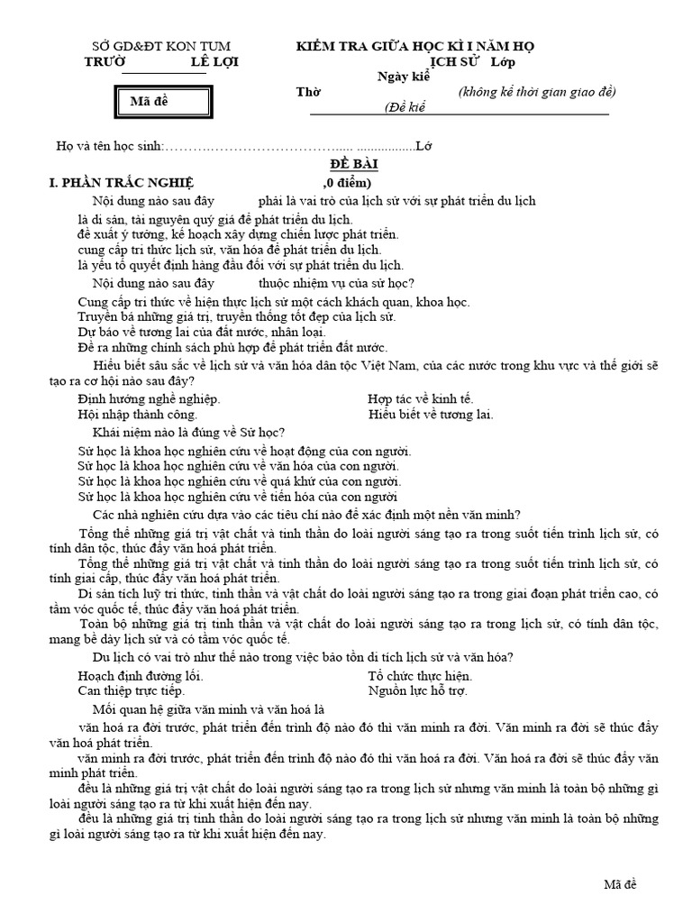 De Giua Ki 1 Lich Su 10 Nam 2023 2024 Truong THPT Le Loi Kon Tum | PDF