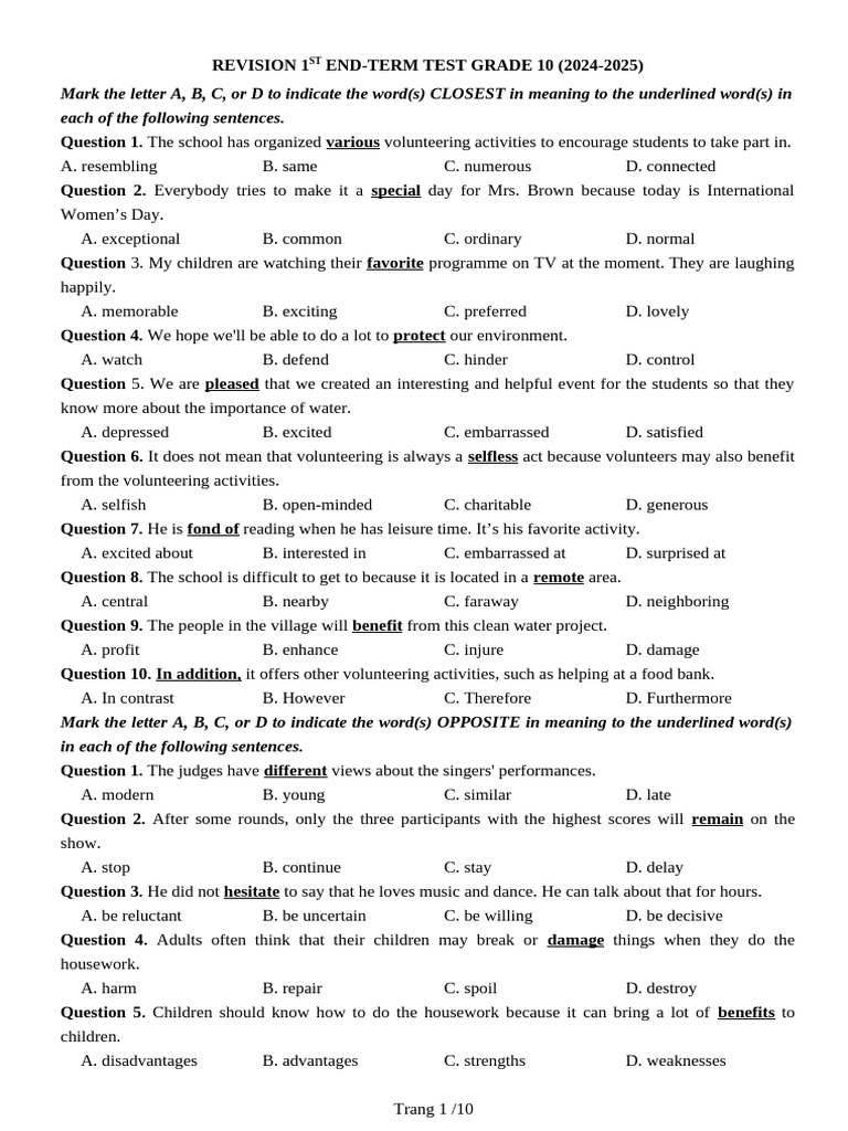 E10 - ĐỀ CƯƠNG CK1 (24-25) - HS | PDF | Volunteering | European Union