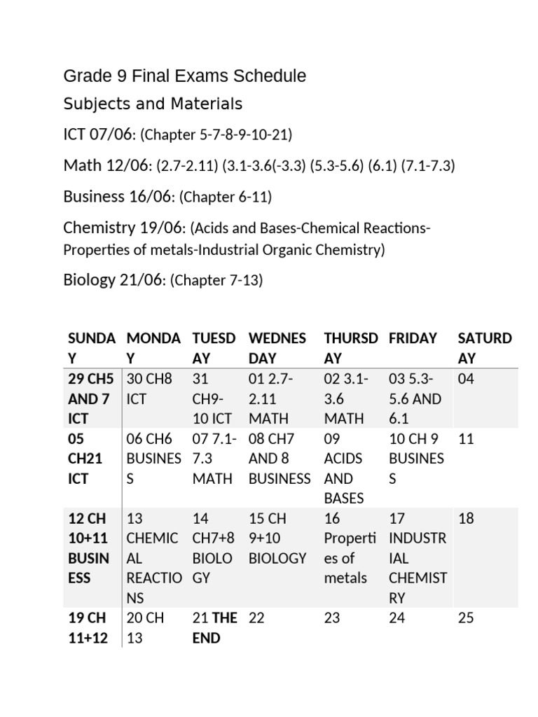 Grade 9 Final Exam Timetable | PDF