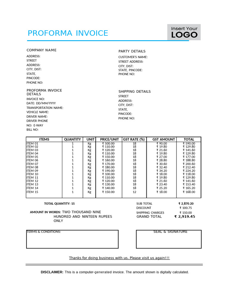 Proforma Invoice With Shipping | PDF | Invoice