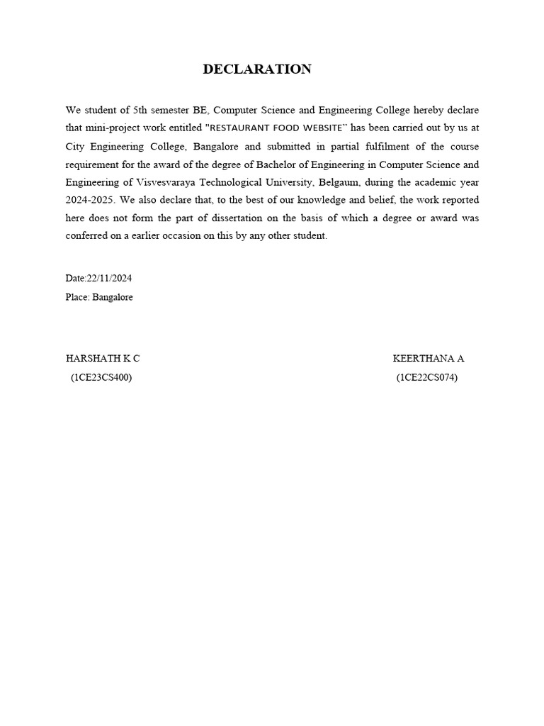 Declaration HARSHATH | PDF