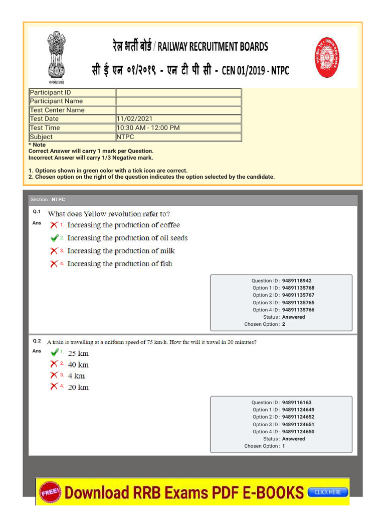 RRB NTPC Exam Answer Key and Notes | PDF | Educational Assessment And ...