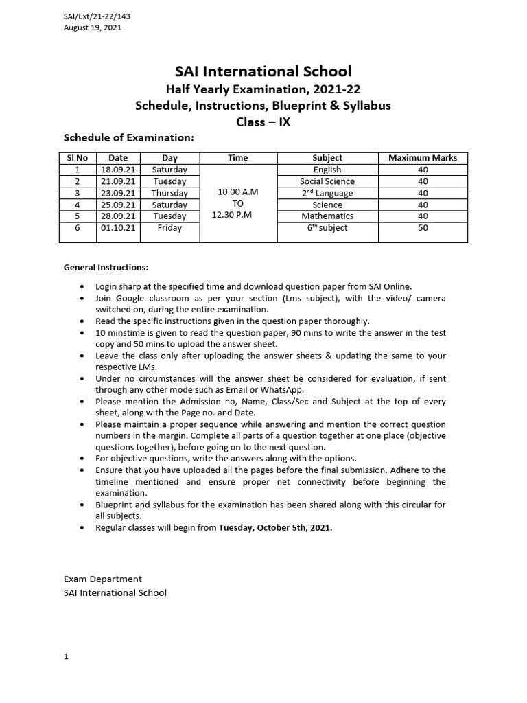 Class IX HY Schedule, Instruction, Blue Print and Syllabus | PDF ...
