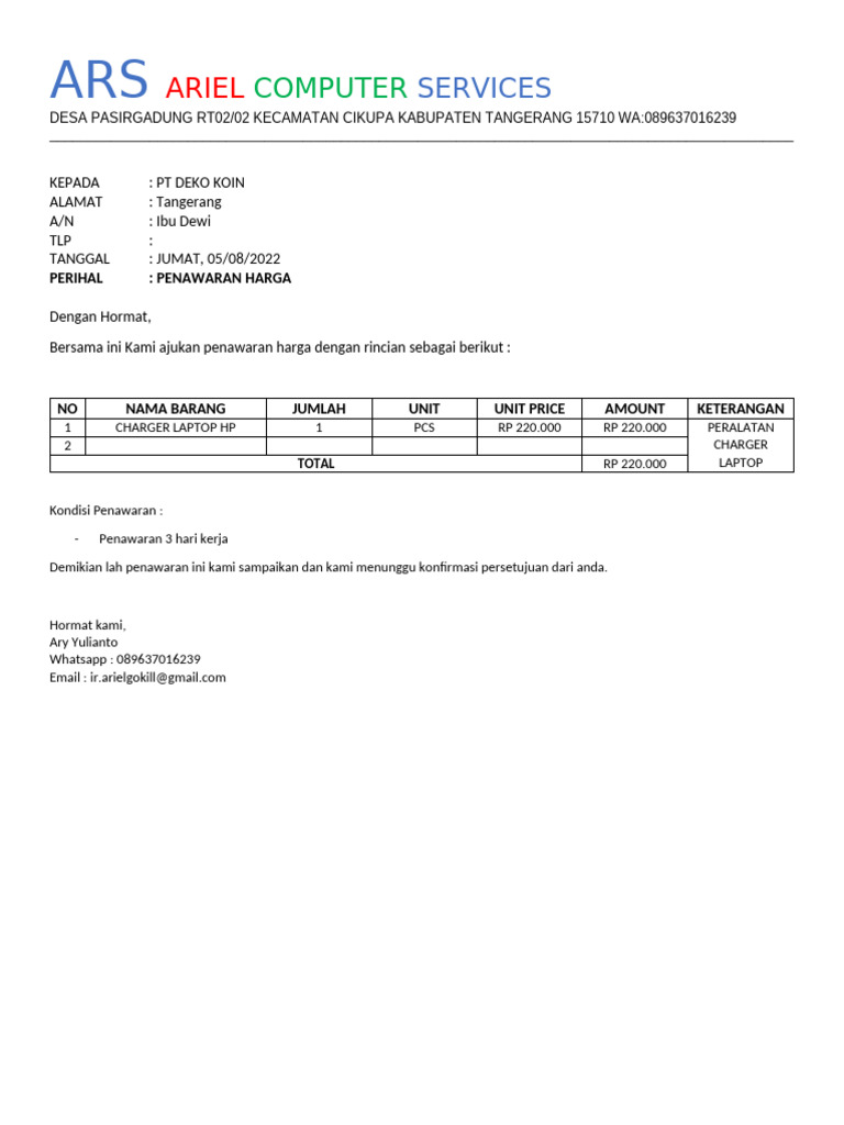 Surat Penawaran Harga | PDF
